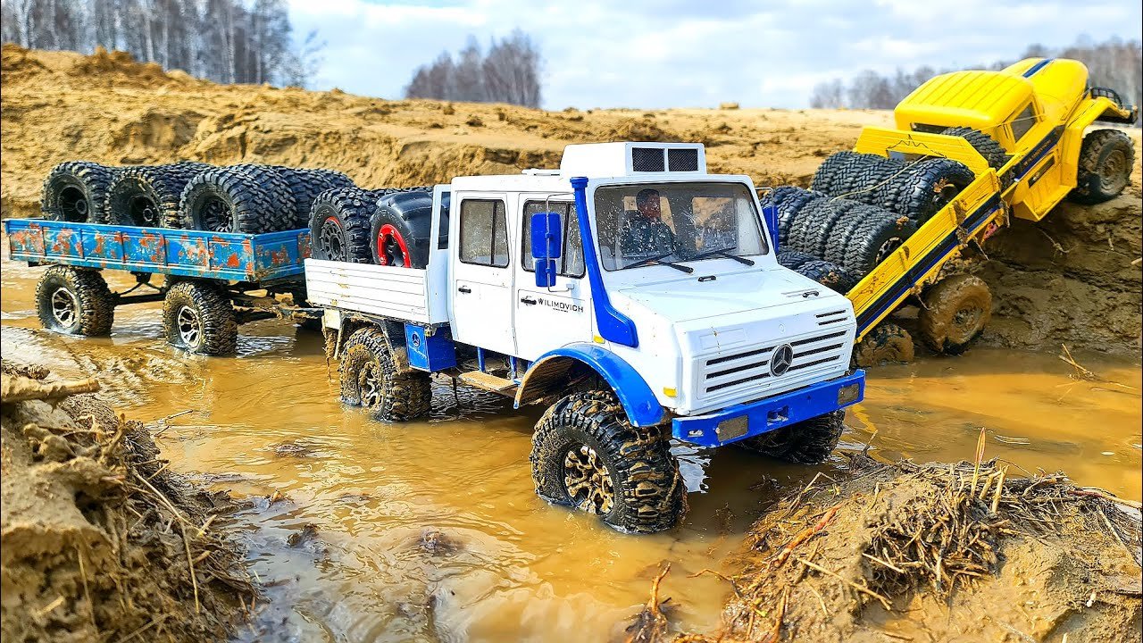 Transporting Tires By RC ZIL131 & RC Unimog U5000 Trailer - Mud Pond ...